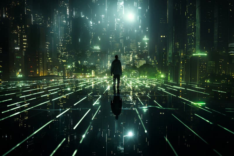 Panoramic View of a Futuristic Metropolis at Night, with Virtual ...