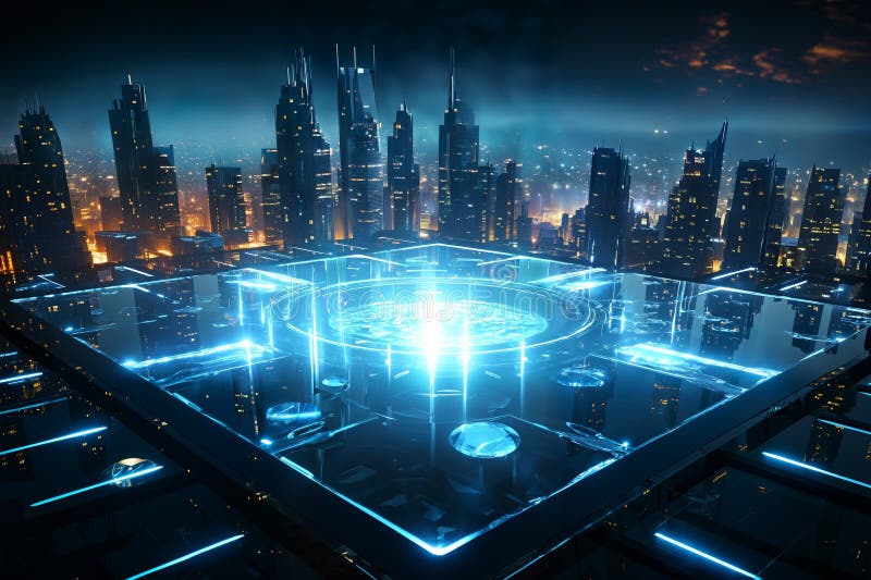 Panoramic View of a Futuristic Metropolis at Night, with Virtual ...