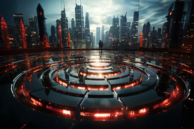 Panoramic View of a Futuristic Metropolis at Night, with Virtual ...