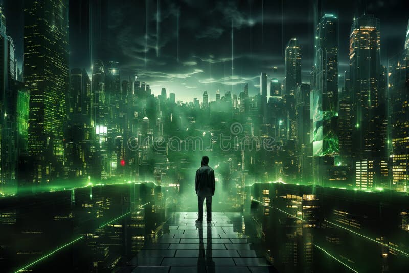 Panoramic View of a Futuristic Metropolis at Night, with Virtual ...