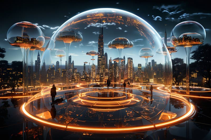 Panoramic View of a Futuristic Metropolis at Night, with Virtual ...