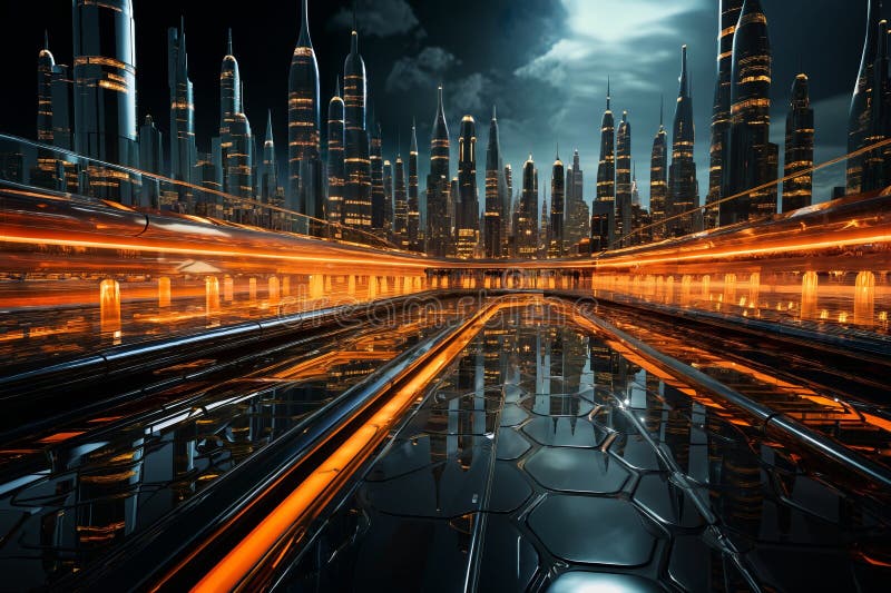 Panoramic View of a Futuristic Metropolis at Night, with Virtual ...