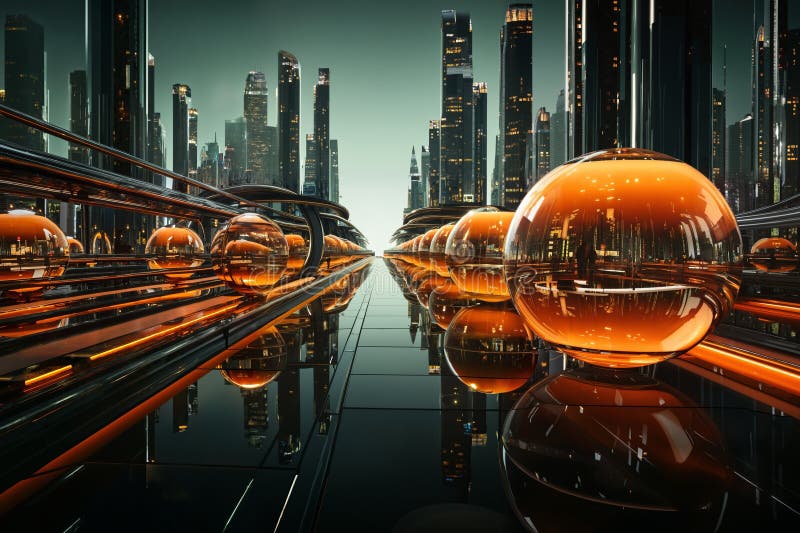 Panoramic View of a Futuristic Metropolis at Night, with Virtual ...