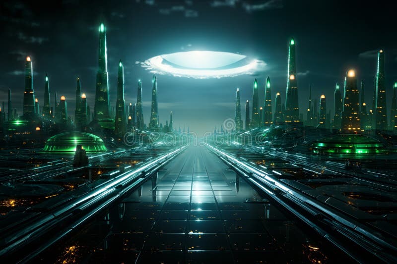 Panoramic View of a Futuristic Metropolis at Night, with Virtual ...