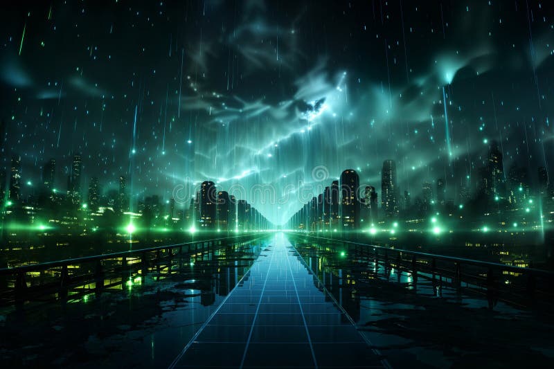 Panoramic View of a Futuristic Metropolis at Night, with Virtual ...