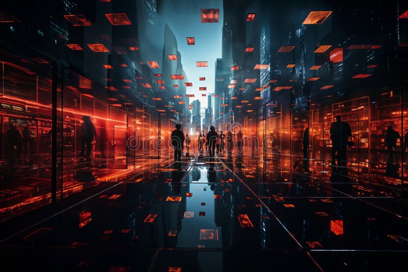 Panoramic View of a Futuristic Metropolis at Night, with Virtual ...