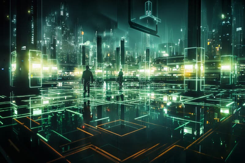 Panoramic View of a Futuristic Metropolis at Night, with Virtual ...
