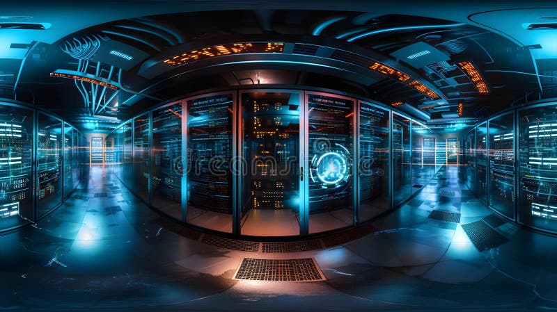 A Panoramic View of a Futuristic Server Room with High-tech Data Racks ...