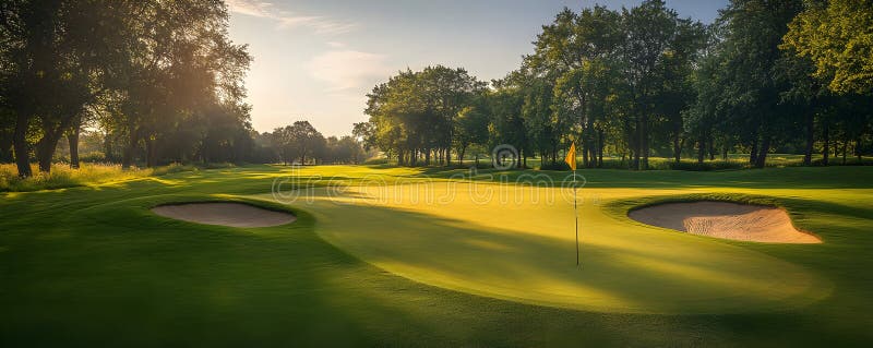 Panoramic View of a Golf Course at Sunset with Green Fairways and a ...