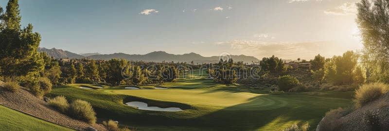 Panoramic Sunset Golf Course View with Lush Green Fairways and Distant ...