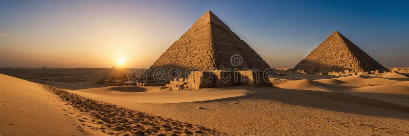Panoramic View of Great Pyramids of Giza at Dawn, with Sun Rising in ...