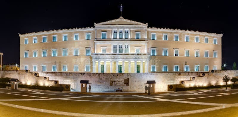 Panoramic View of the Greek Parliament Building at Night, Athens Stock ...