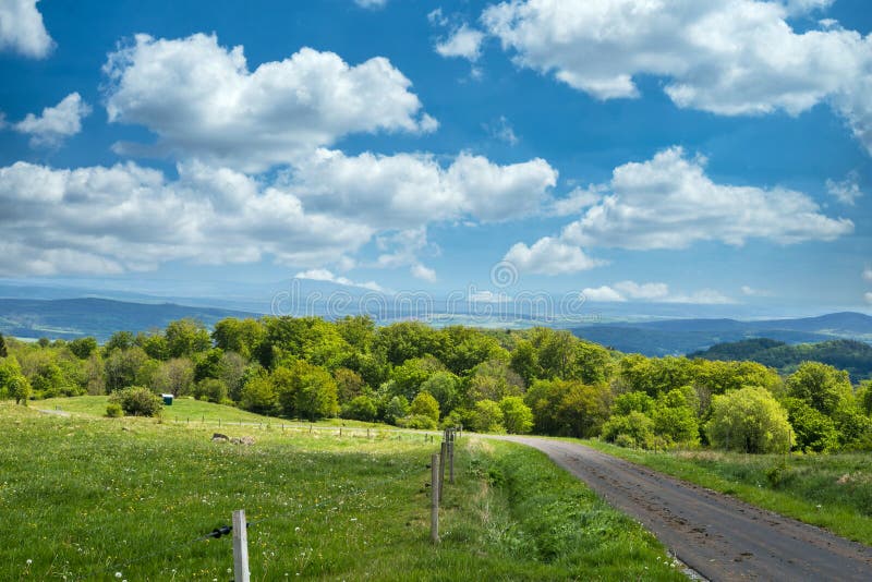 Panoramic View of Green Fields and Meadows and Small Road Stock Photo ...