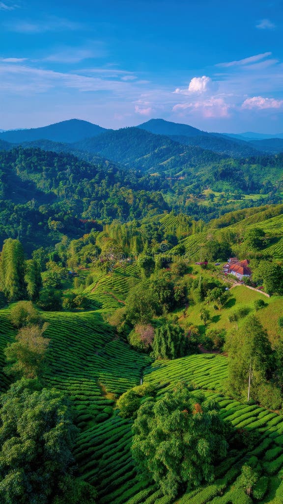 Panoramic View of Green Tea Plantation Terraces in Valley with a Rural ...