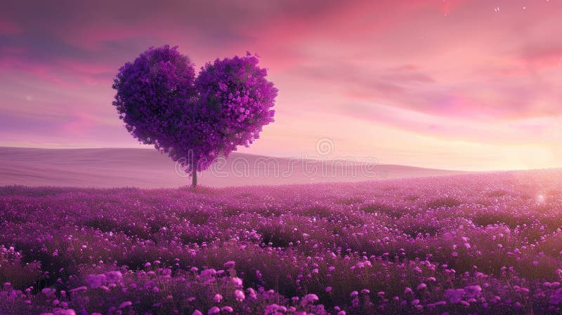 Panoramic View of Heart Tree and Purple Meadow. Stock Illustration ...
