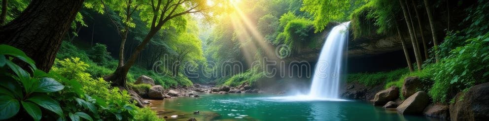 Panoramic View of a Hidden Thai Forest Waterfall, Sunlight Dappling ...