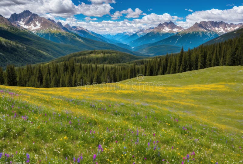 Panoramic View of a High Mountain Meadow Filled with Different Types of ...