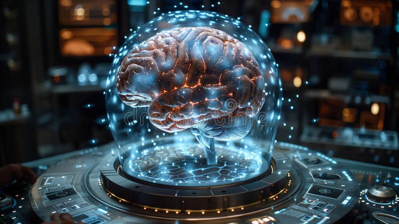 Panoramic View of a High-Tech Laboratory Showcasing a Holographic Brain ...