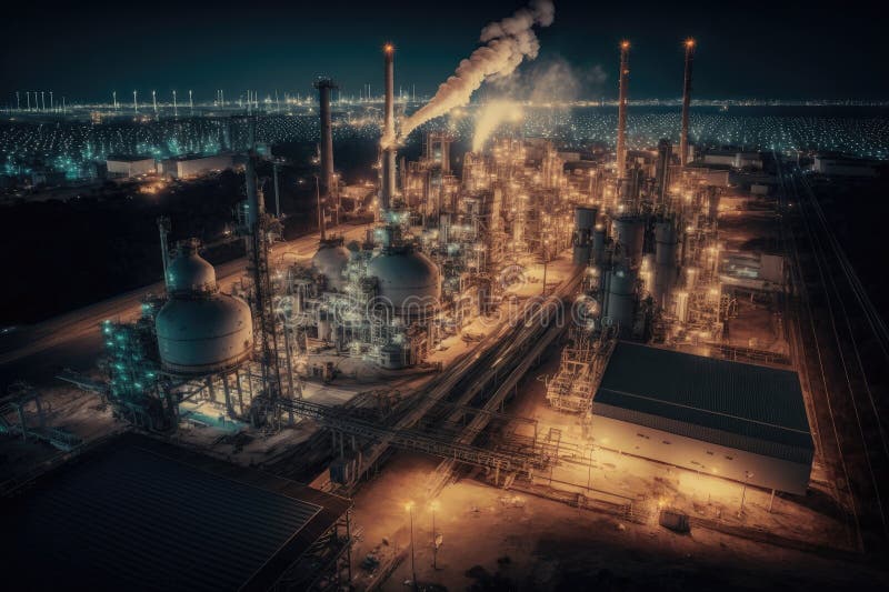 Panoramic View from Hill of Oil Processing Plant at Night from Above ...