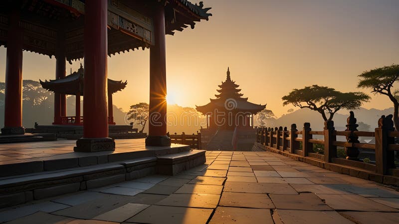 Panoramic View of a Historic Asian Temple Complex at Sunrise Stock ...