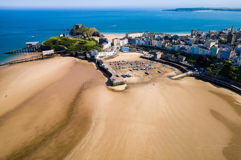 Panoramic View of a Huge Sandy Beach and Dry Harbor at Low Tide (Tenby ...