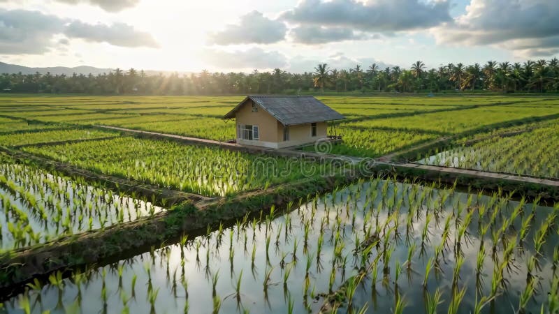 Panoramic View of a Hut in a Pastoral Rice Field, Generative AI Stock Video - Video of pastoral ...