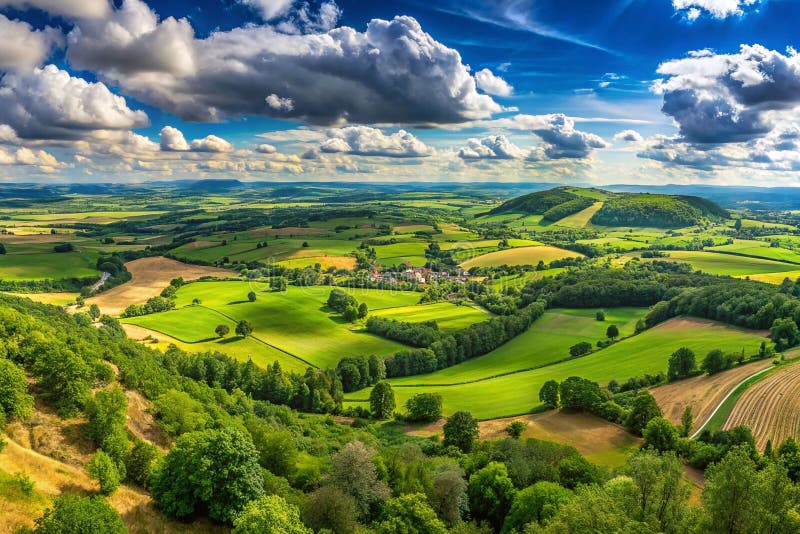 Panoramic View of Idyllic Rural Landscape with Green Fields, Forests ...
