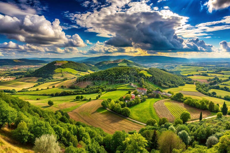 Panoramic View of Idyllic Rural Landscape with Rolling Hills, Fields ...