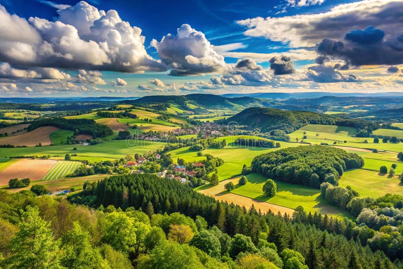 Panoramic View of Idyllic Valley, Lush Green Fields, Forests, and ...
