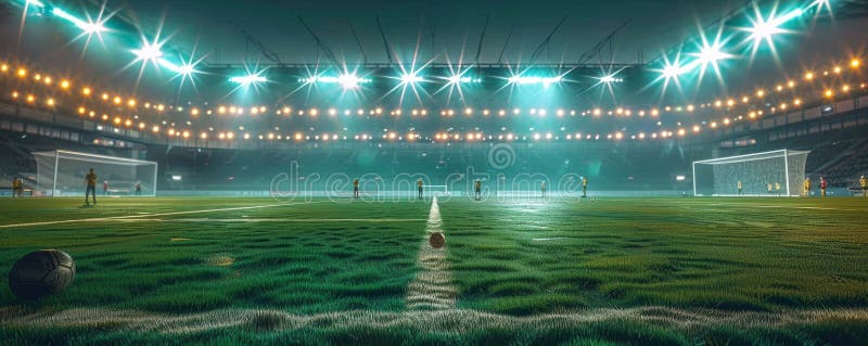Panoramic View of a Illuminated Open Soccer Stadium with Players and ...