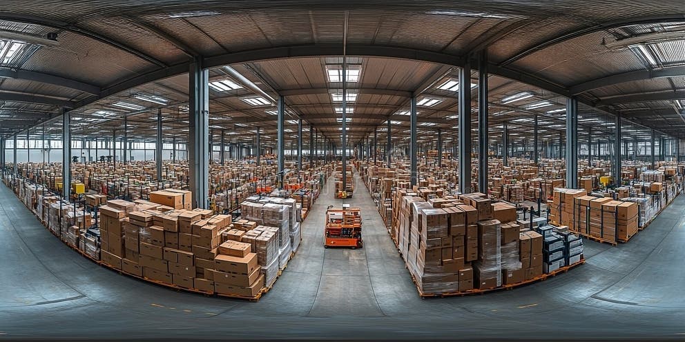 Panoramic View of an Immense Amazon Warehouse Filled with Packed Boxes ...