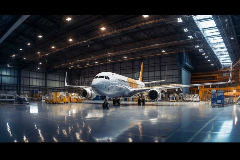 A Panoramic View Inside an Airplane Hangar, Showcasing Passenger ...