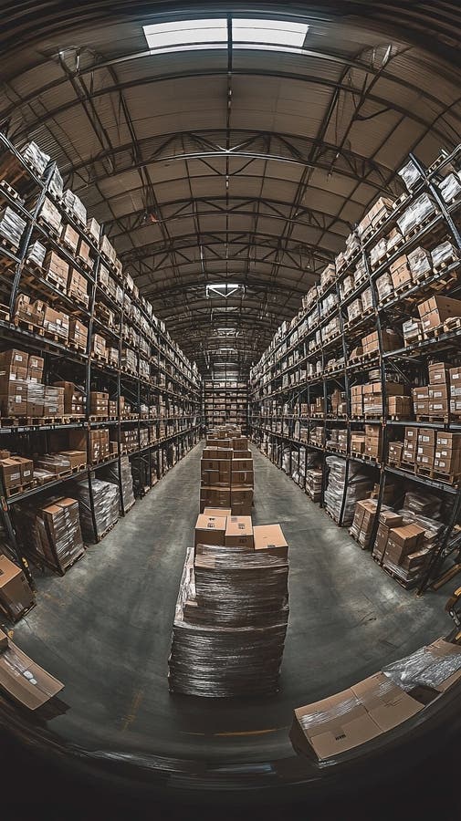 Panoramic View Inside a Large Distribution Warehouse with Many Shelves ...