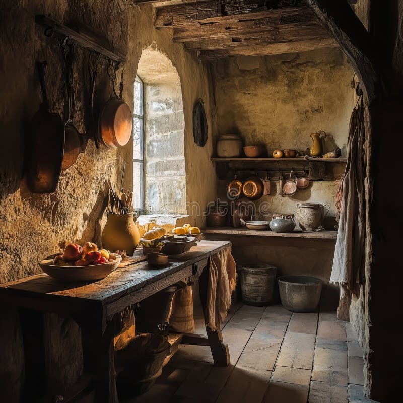 Panoramic View of the Interior of a Rustic Kitchen in a Medieval Castle ...