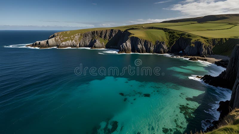 Panoramic View of the Irish Coastline, Featuring Rugged Cliffs and ...