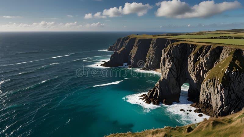 Panoramic View of the Irish Coastline, Featuring Rugged Cliffs and ...