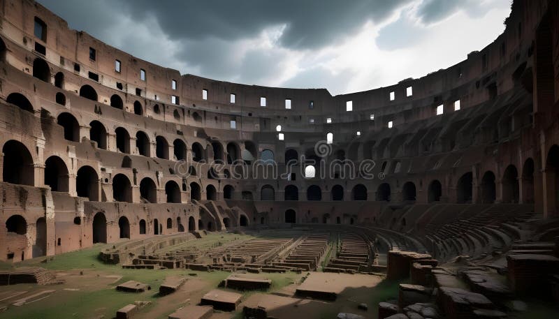 Panoramic View of the Isolated, Empty Colosseum Under a Muted, Cloudy ...