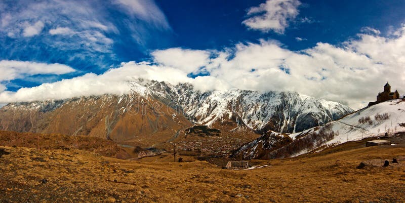 Panoramic View of the Kazbegi Stock Image - Image of spring, trinity ...