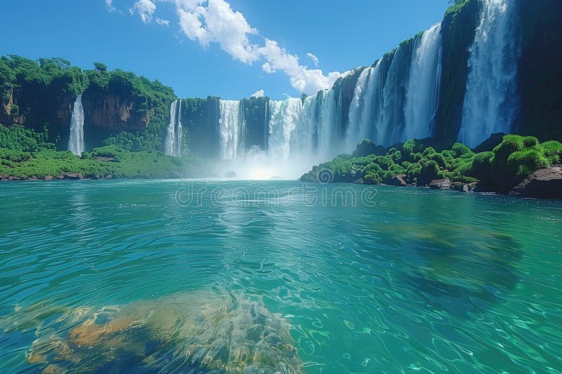 Panoramic View of the Lagoon with Blue Water Under a Huge Waterfall ...