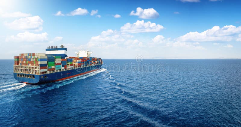 Panoramic View of a Large Cargo Ship Carrying Containers Stock Image ...