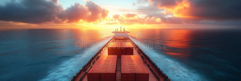 Panoramic View of a Large Cargo Ship Sailing into the Horizon during a ...