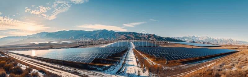 A Panoramic View of a Large Solar Farm with Mountains in the Background ...