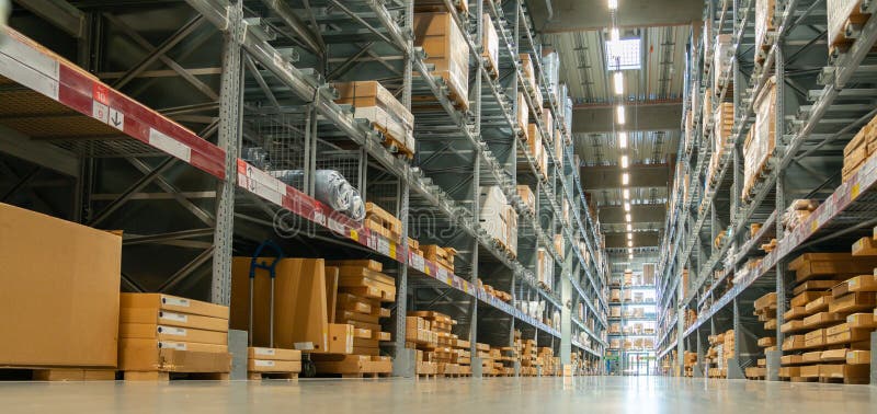 Panoramic View of a Large Warehouse in the Aisle between Shelves and ...