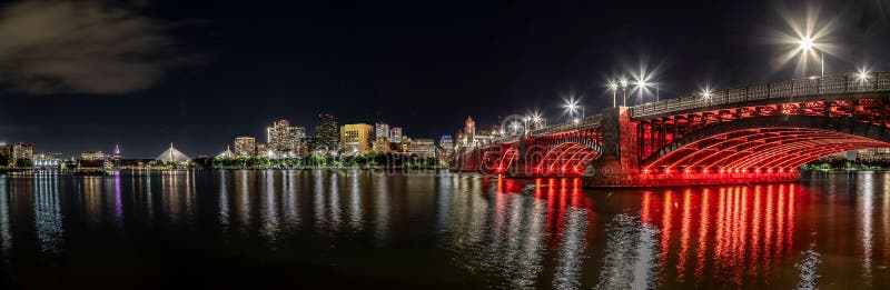Panoramic View of the Longfellow Bridge at Night in Boston ...