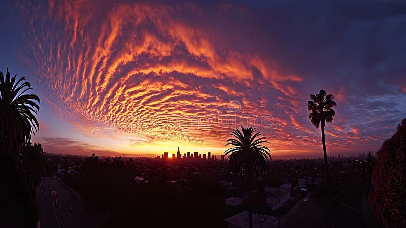 Sunset Over Los Angeles Skyline with Dramatic Clouds and Palm Trees ...