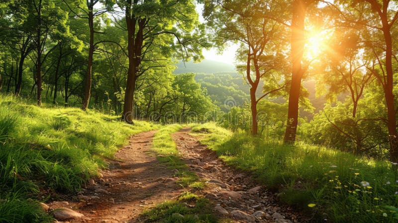 Panoramic View of a Vibrant Forest Trail, Illuminated by the Golden ...