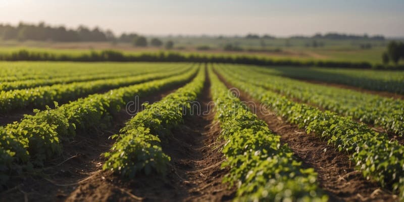 A Panoramic View of a Lush Green Farm Field with Rows of Organic Crops ...