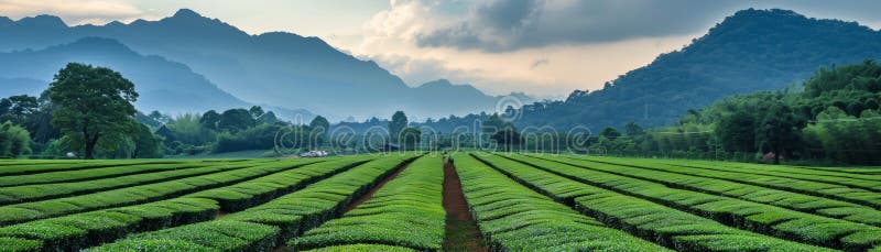 Panoramic View of Lush Green Tea Plantation Fields with Mountains in ...