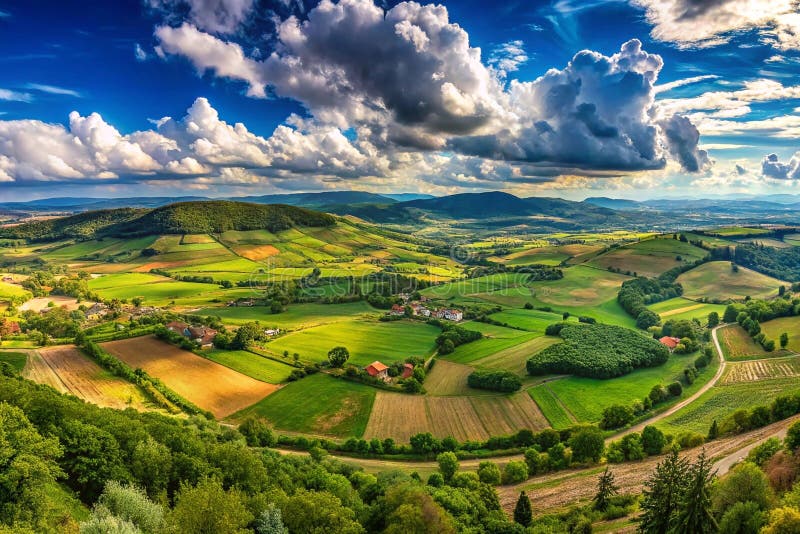 Panoramic View of a Lush Green Valley with Rolling Hills, Fields, and ...