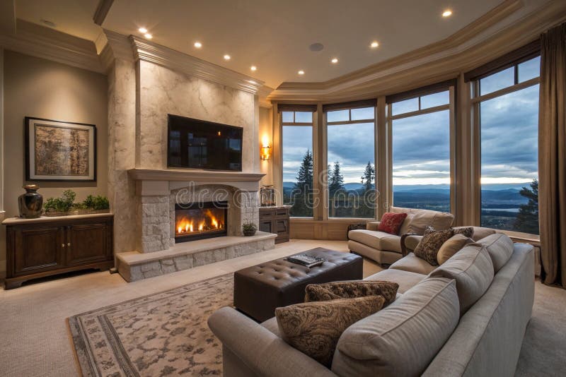 Panoramic View of Luxurious Living Room with Fireplace Stock Image ...
